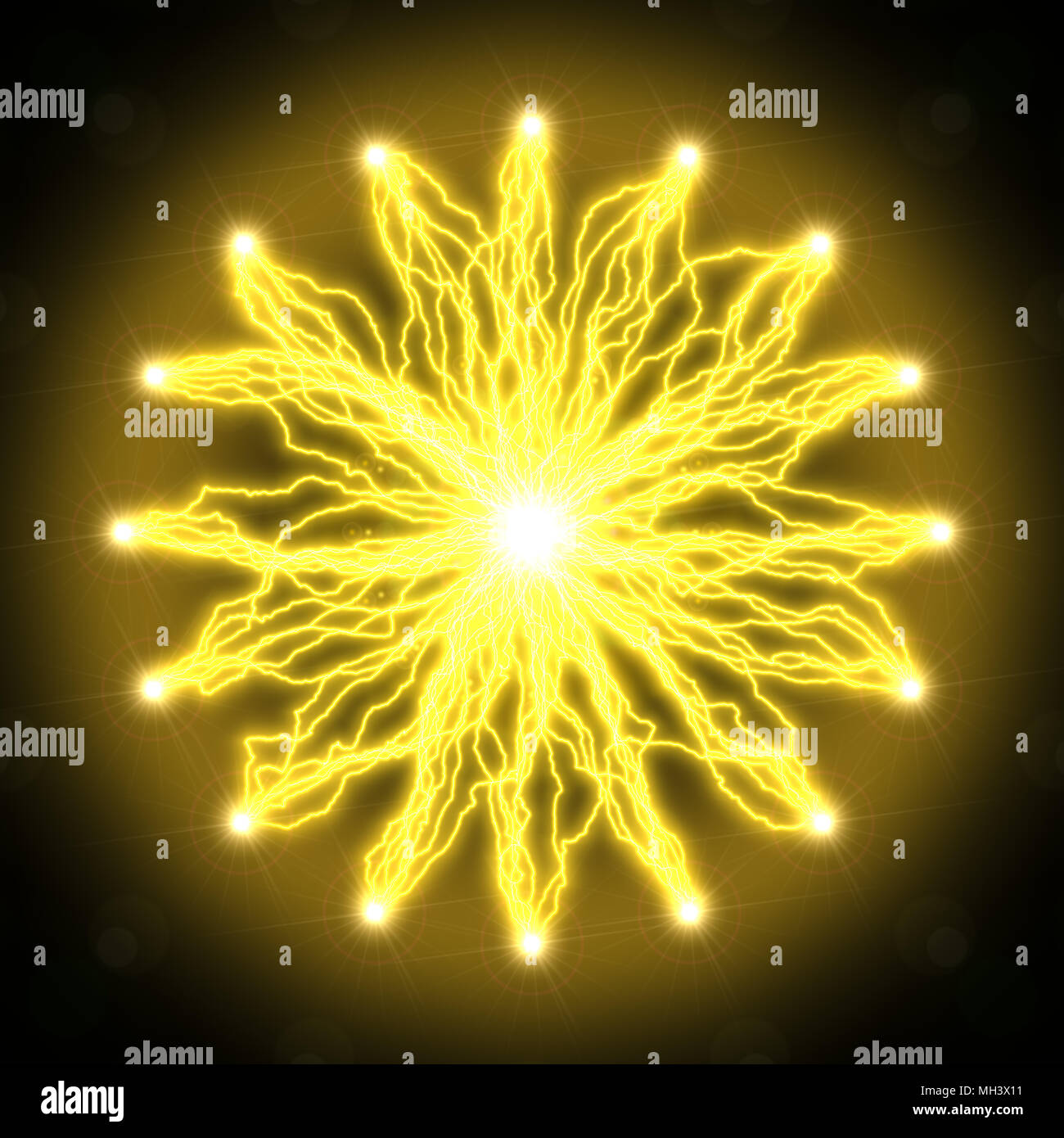 yellow electric arcs from center. 3d illustration Stock Photo - Alamy