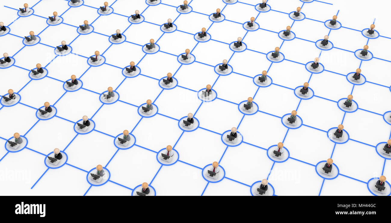 Crowd of small symbolic 3d computer user figures linked by lines ...
