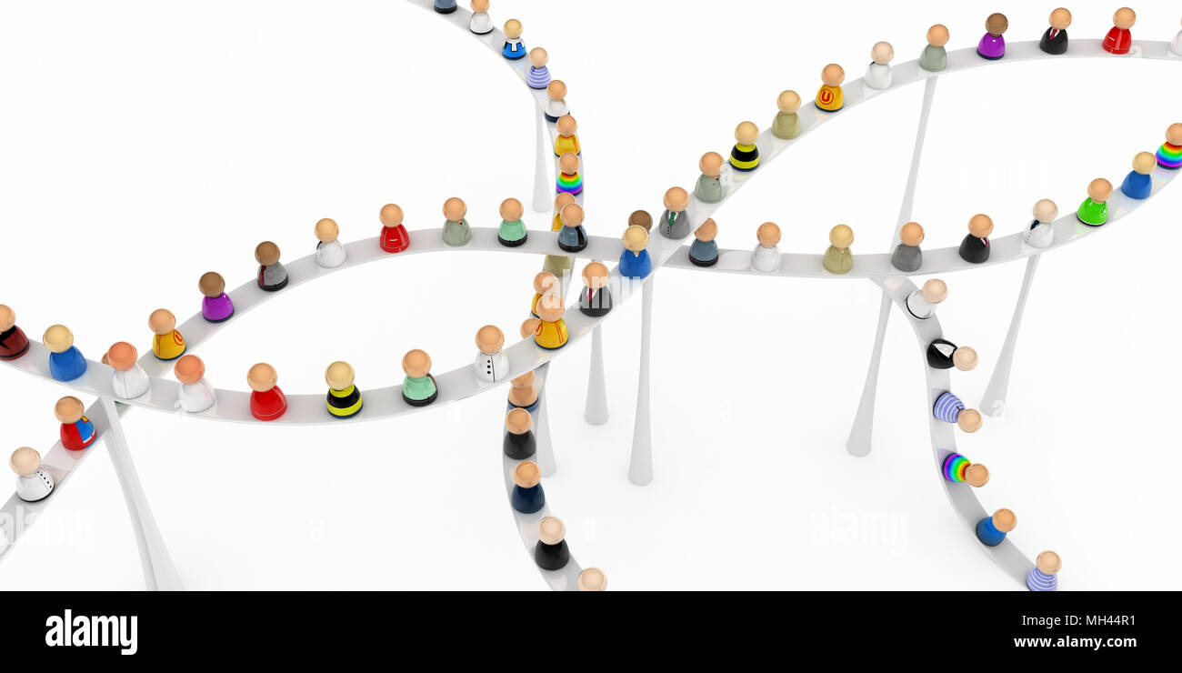 Crowd of small symbolic 3d figures on a high walkway, isolated Stock ...