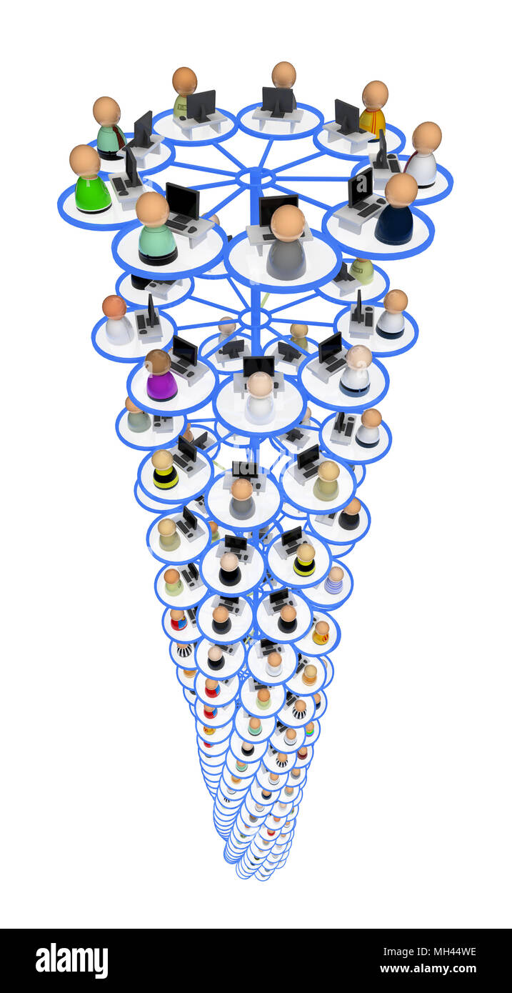 Crowd of small symbolic 3d computer user figures linked by lines ...