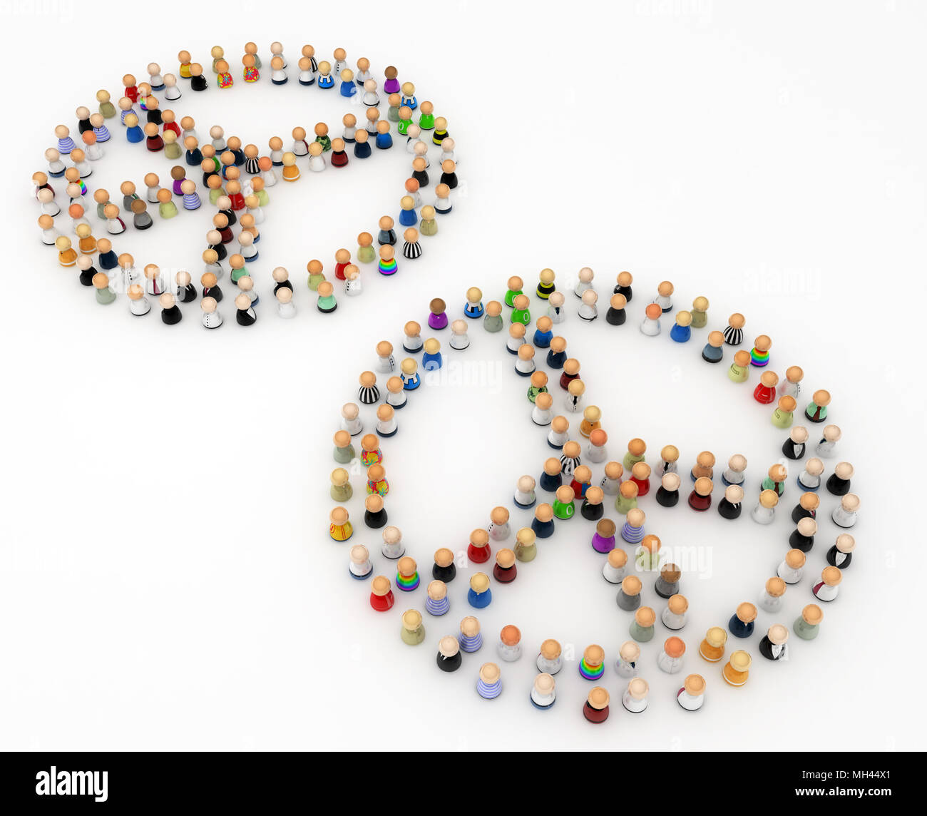 Crowd of small symbolic 3d figures forming peace symbols, isolated ...