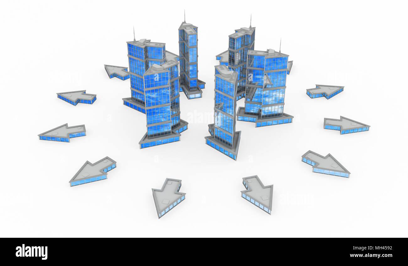 Arrow-shaped 3d modern buildings, isolated Stock Photo - Alamy