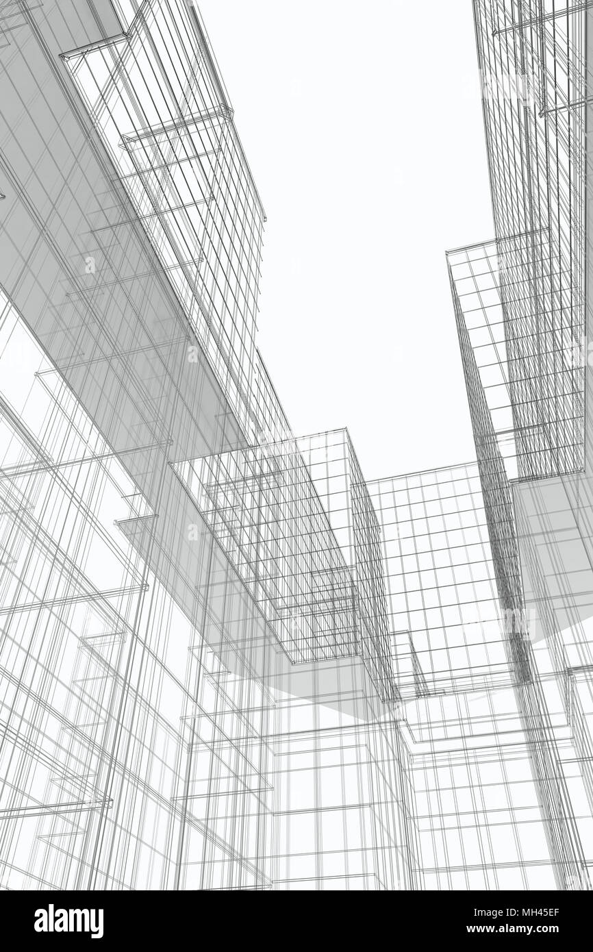 Courtyard view of modern office building, 3d wireframe Stock Photo - Alamy