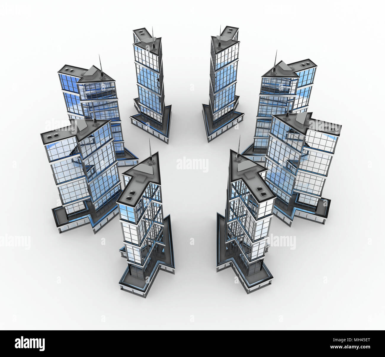 Arrow-shaped 3d modern buildings, isolated Stock Photo - Alamy