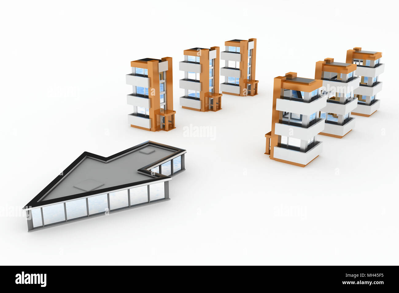 Several small modern buildings following an arrow-shaped one, 3d ...