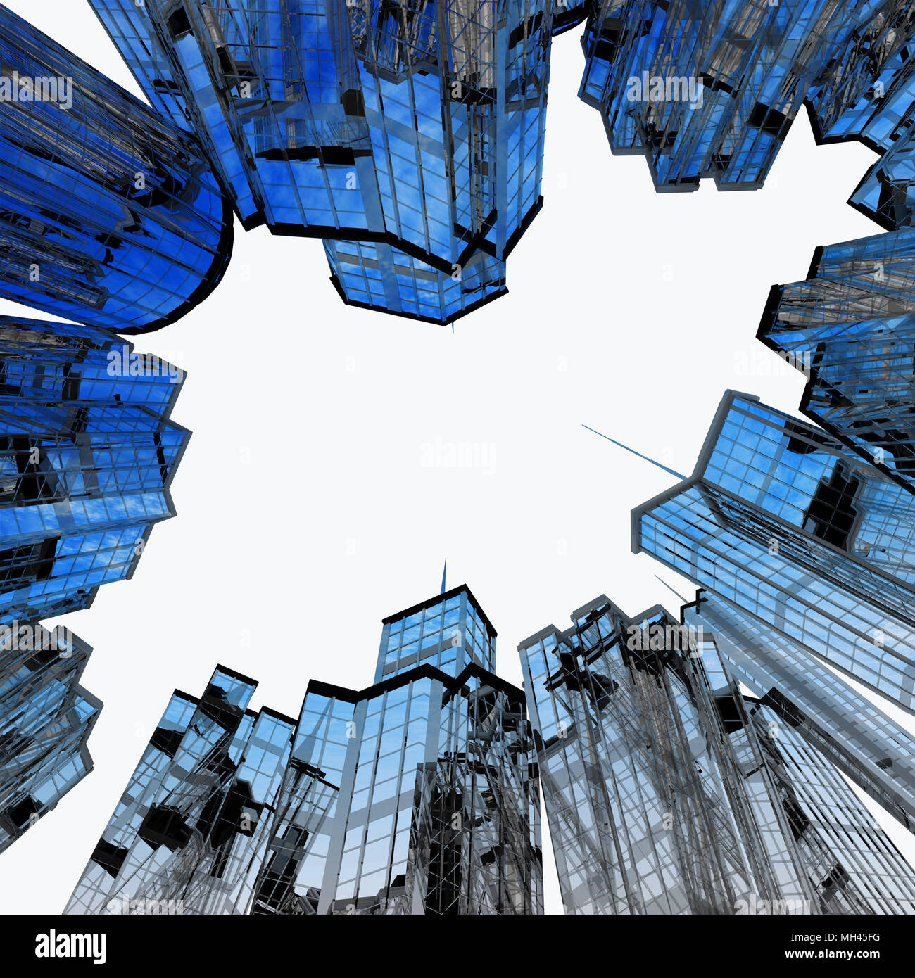 Tall modern 3d buildings street viewed from below, square composition ...