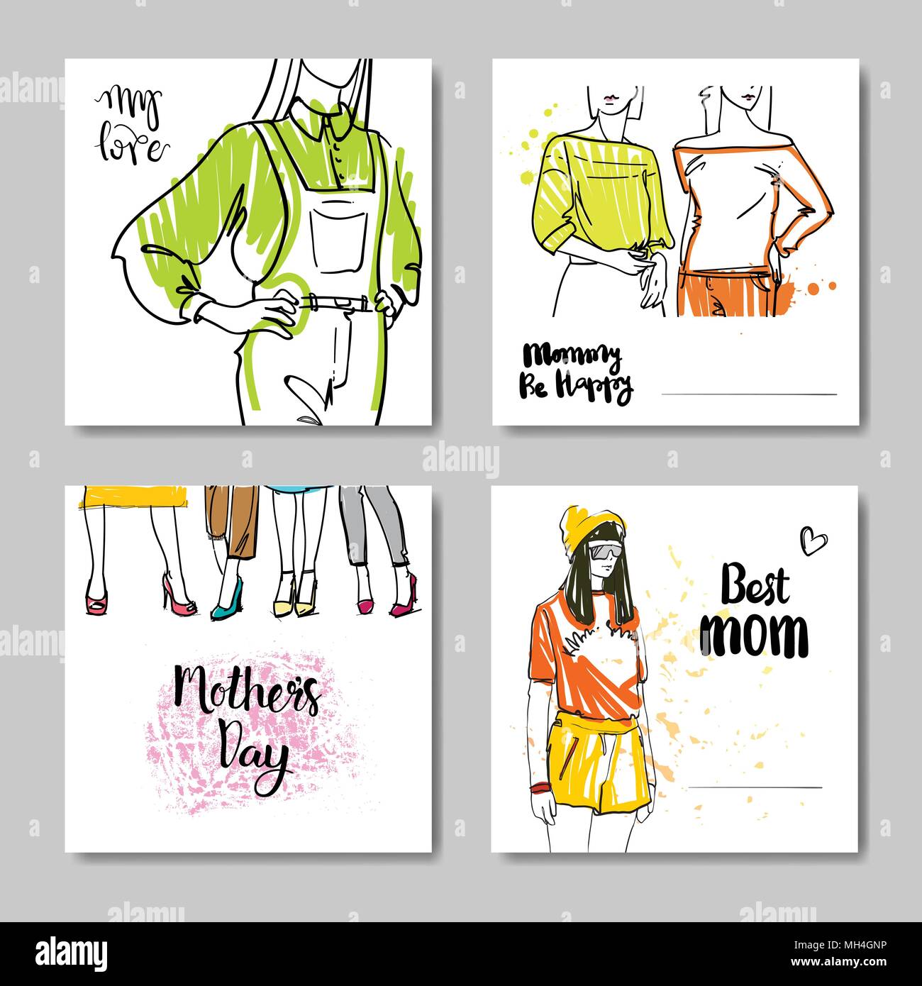 Set Of Greeting Cards With Love My Mom Lettering Over Happy Mother Day ...