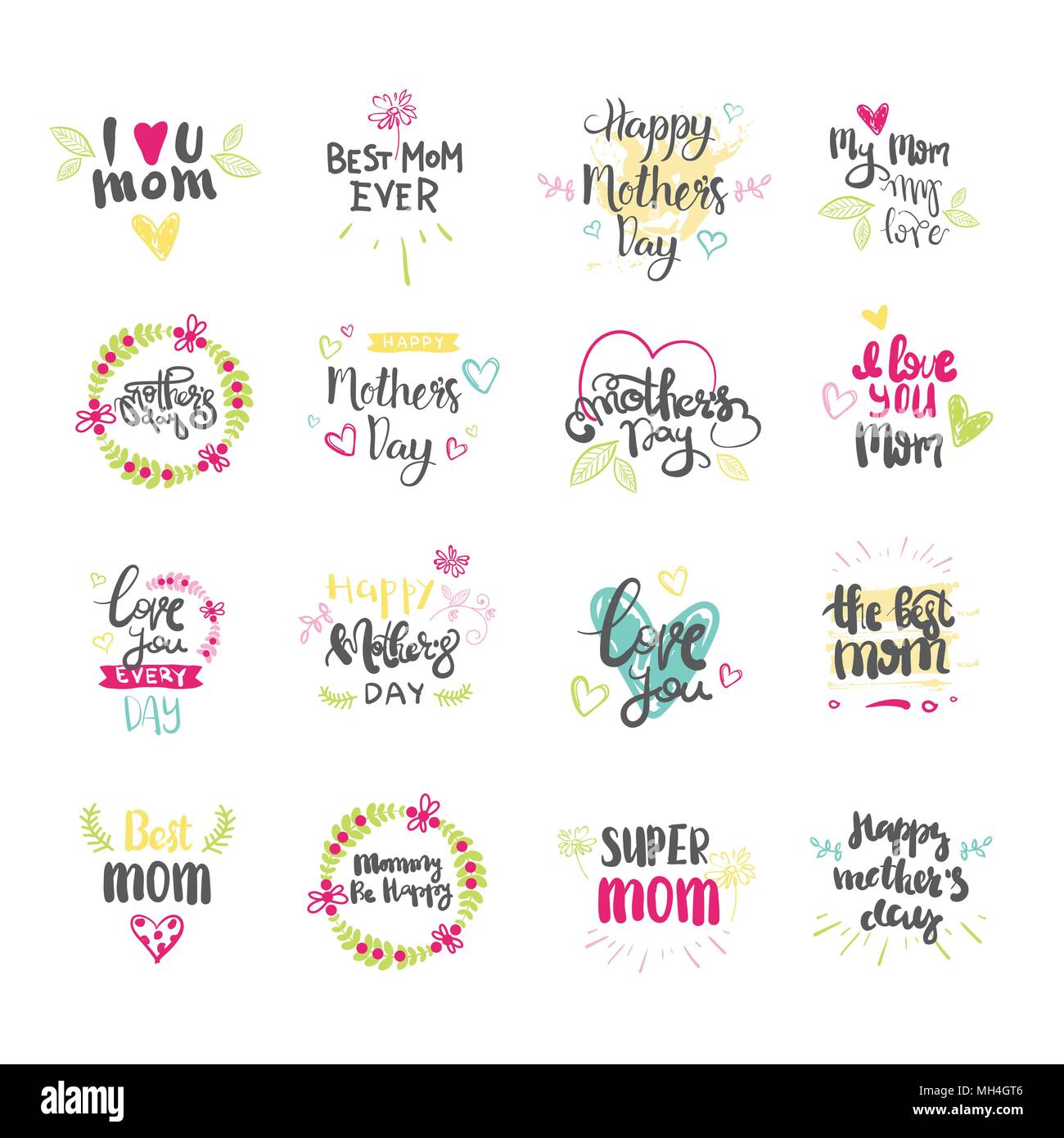 Happy Mothers Day Hand Drawn Lettering Collection For Greeting Card