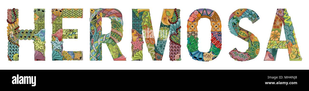 Hand-painted art design. Hand drawn illustration word HERMOSA. Beauty ...