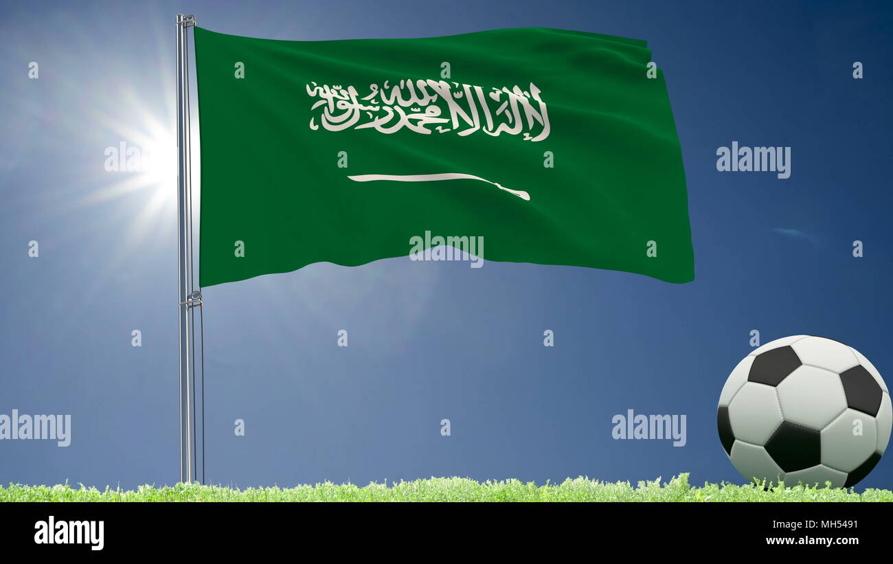 Flag of Saudi Arabia fluttering and a football rolls on the lawn, 3d ...