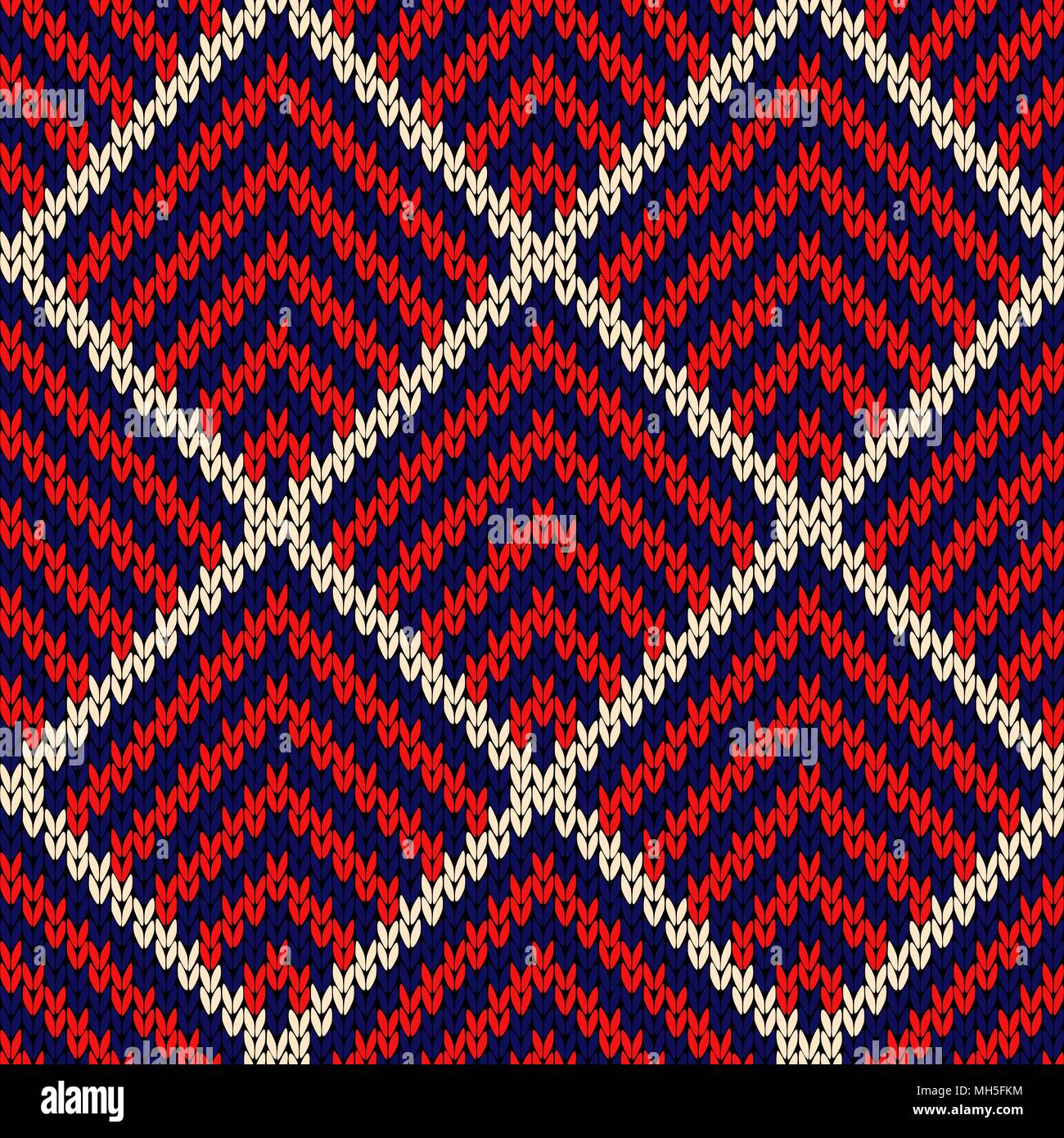 Knitted seamless vector pattern with quadratic elements in blue, red ...