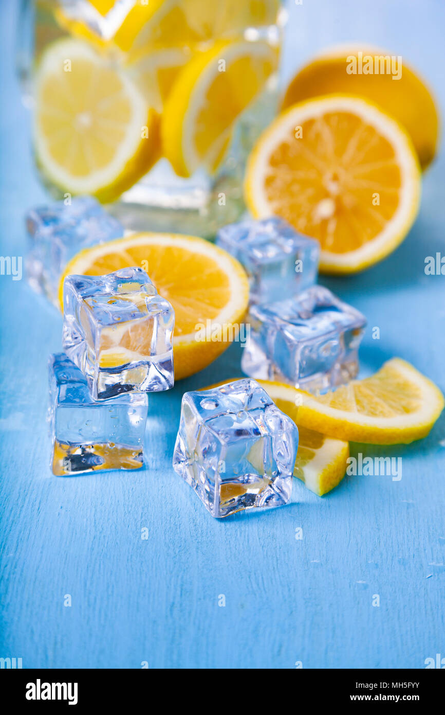 Refreshing ice cold water with lemon ready to drink. Concept of diet. Diet for weight loss Stock ...