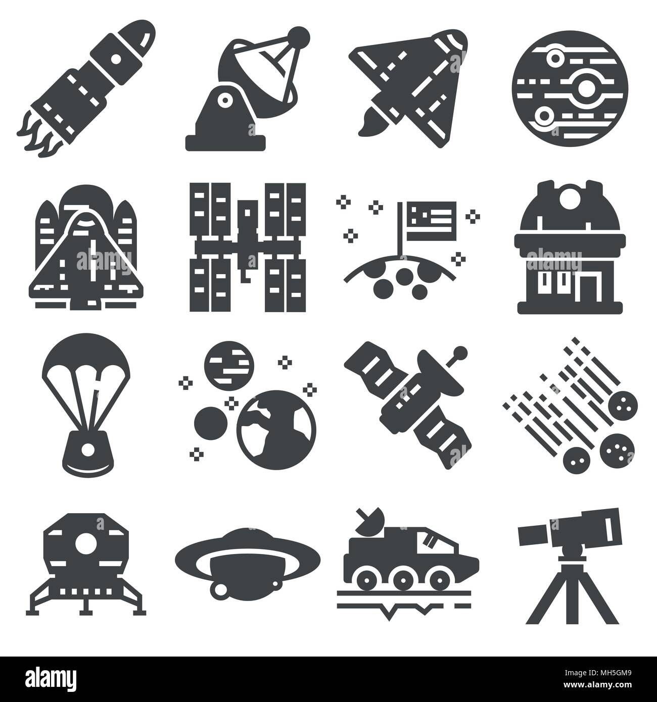 Space icon set. Star stations and spaceships symbols on white ...