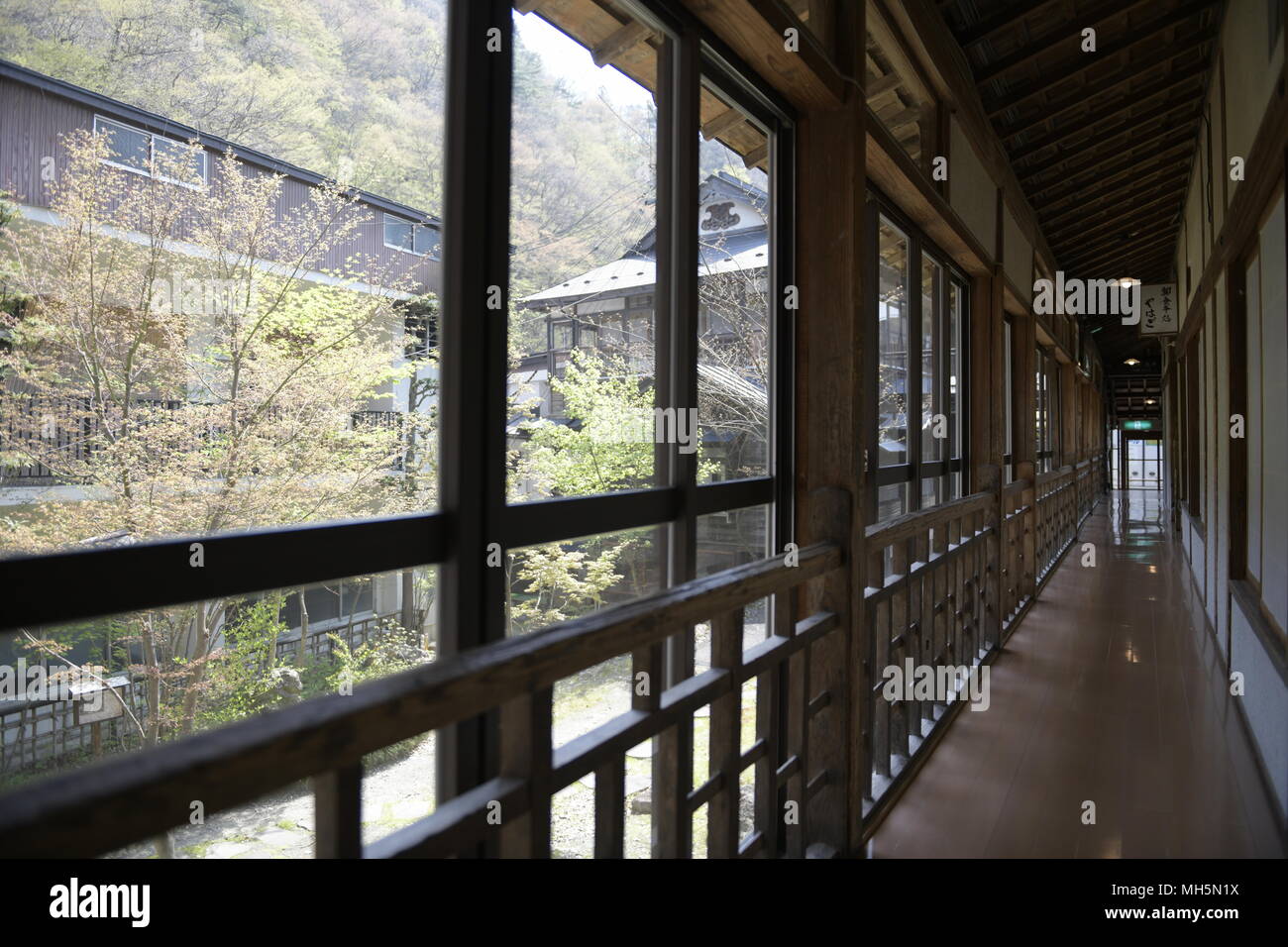 IWATE, JAPAN - APRIL 29 : Old Japanese style hallway that connects to ...