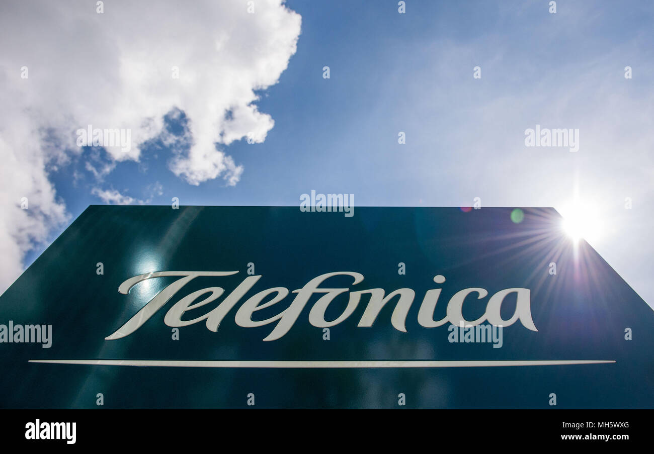 24 April 2018, Germany, Munich: The logo of Telefonica ...