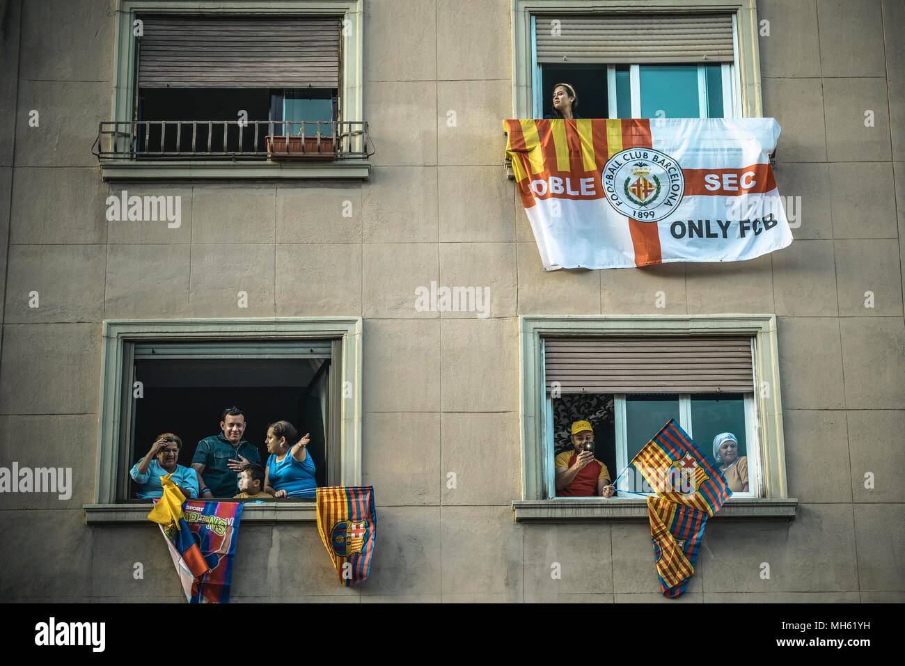 Barcelona, Spain. 30 April, 2018: FC Barcelona fans follow the club's ...