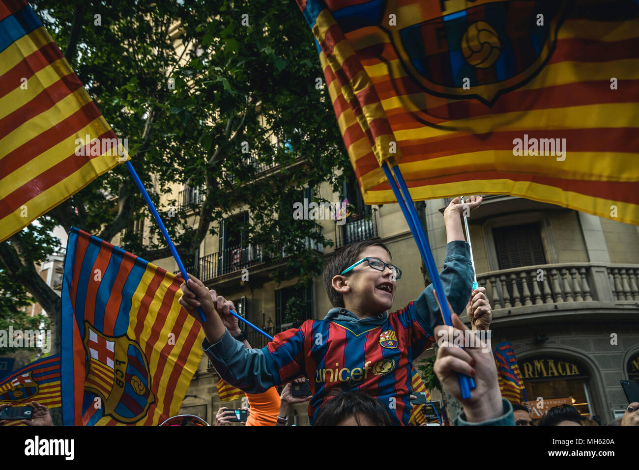 Barcelona, Spain. 30 April, 2018: Thousands of 'cules' fill the streets ...