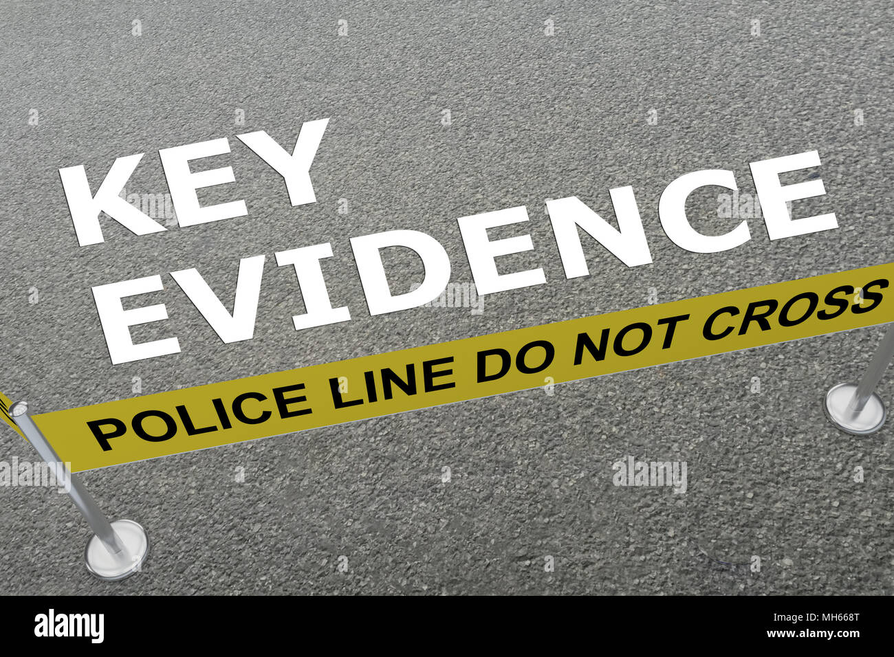 3D illustration of KEY EVIDENCE title on the ground in a police arena ...