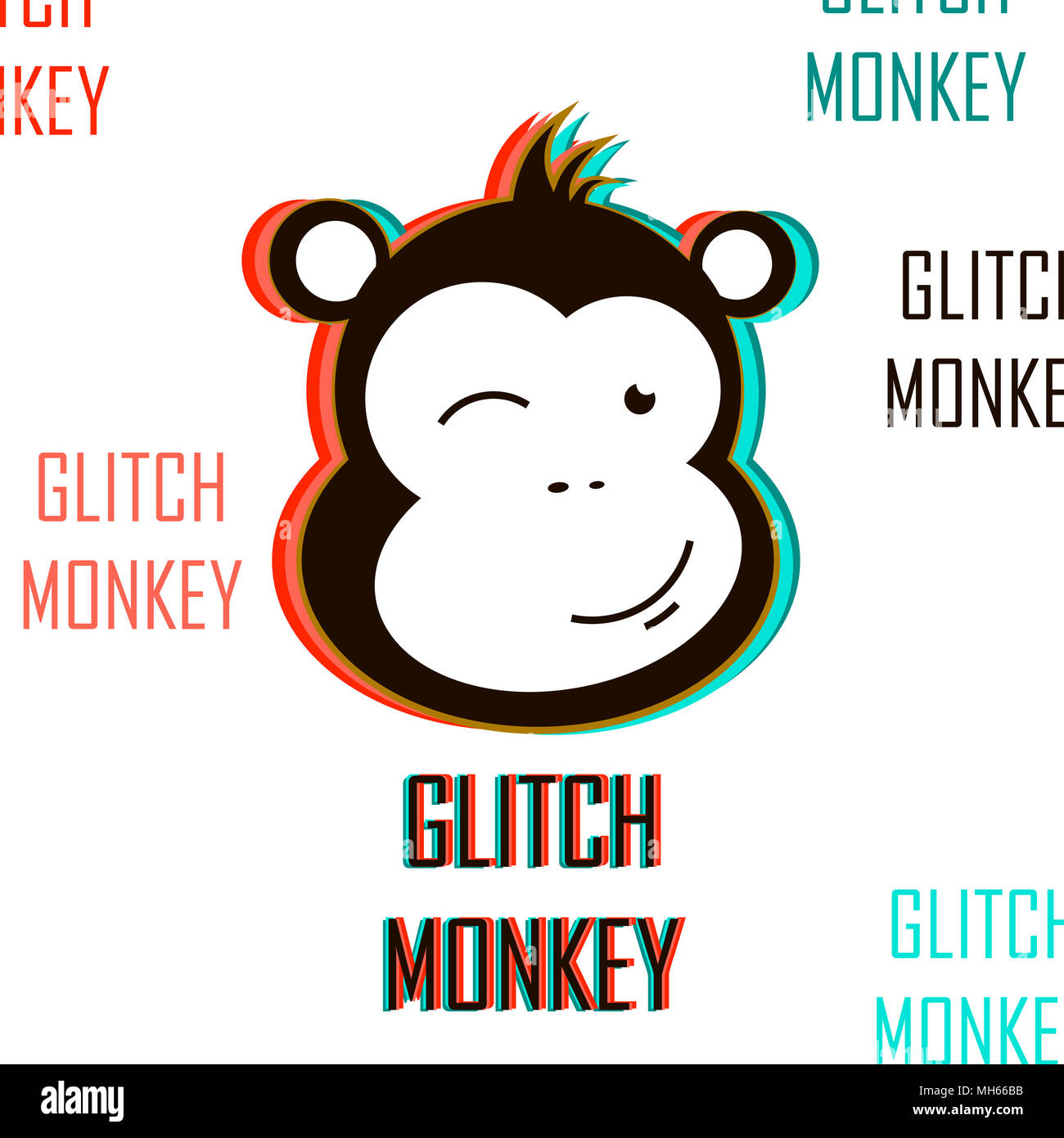 Cute winking monkey icon with glitch effect. Creative vector ...