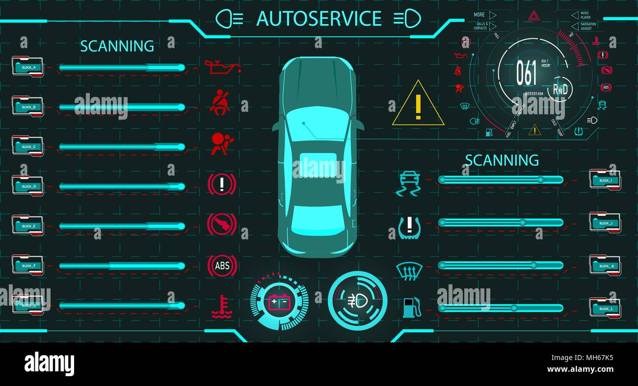 Car service. Diagnostic stand.digital car dashboard of a modern car ...