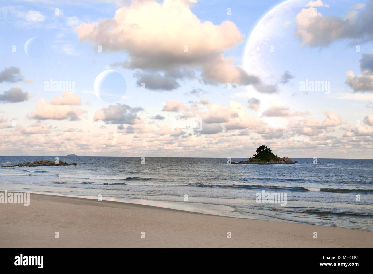 Landscape of fantasy planet - sea, sand beach and moons. Elements of ...