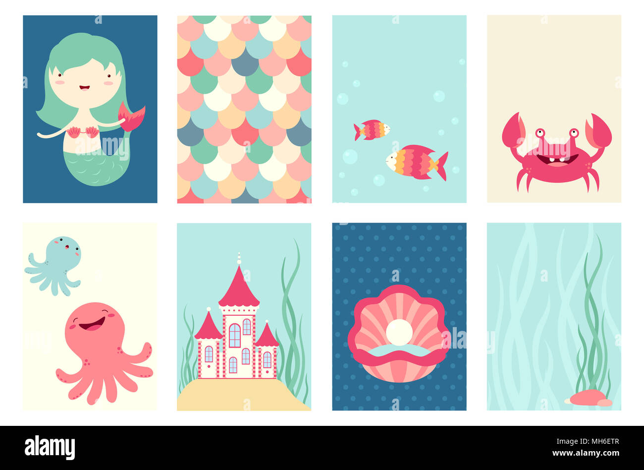 Set of banner, flyer, placard with cute mermaid, fish, octopus, crab ...