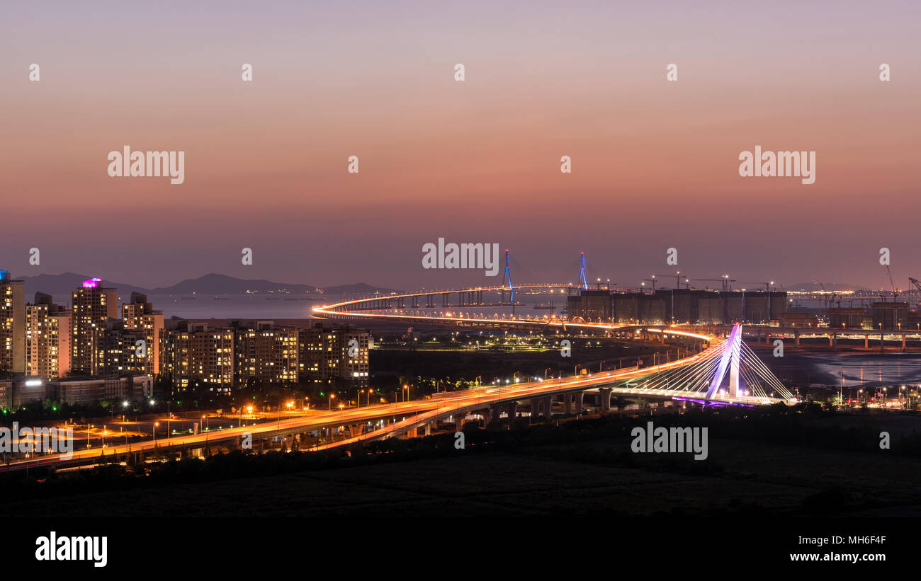 Night view of Incheon bridge in Incheon city, South Korea Stock Photo ...