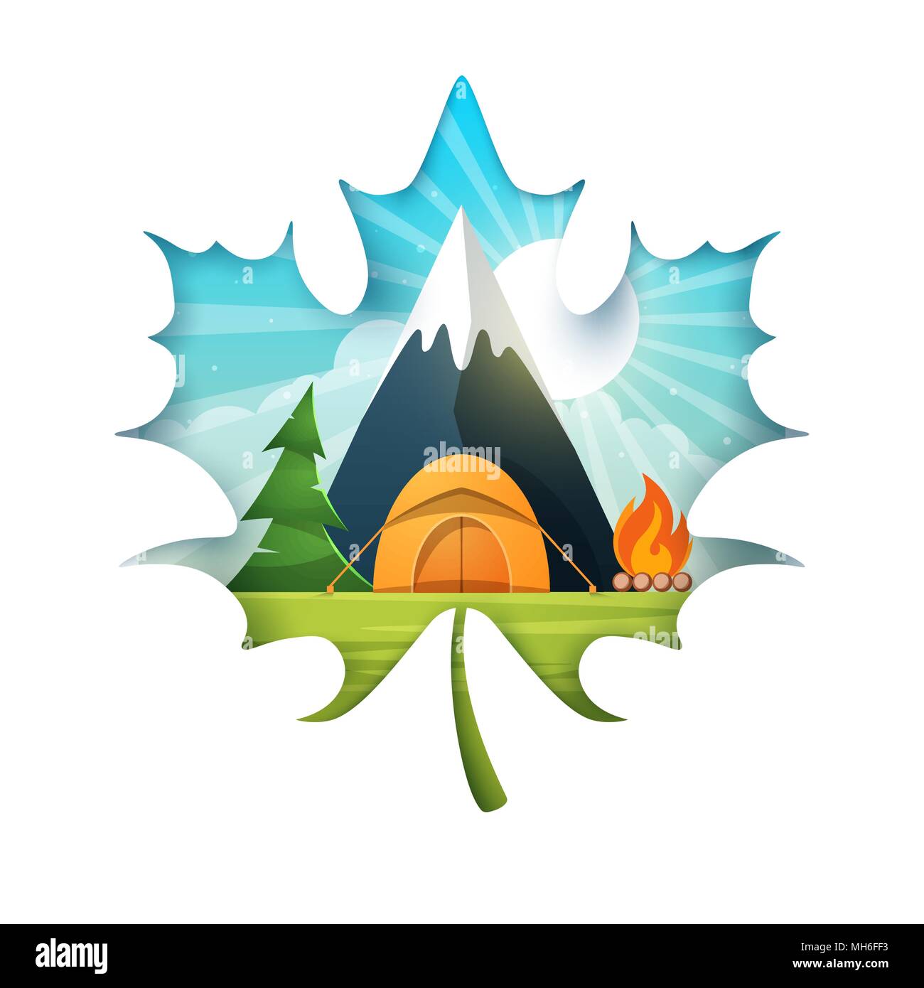 Cartoon landscape. Tent, mountain, fire, fir illustration Stock Vector ...