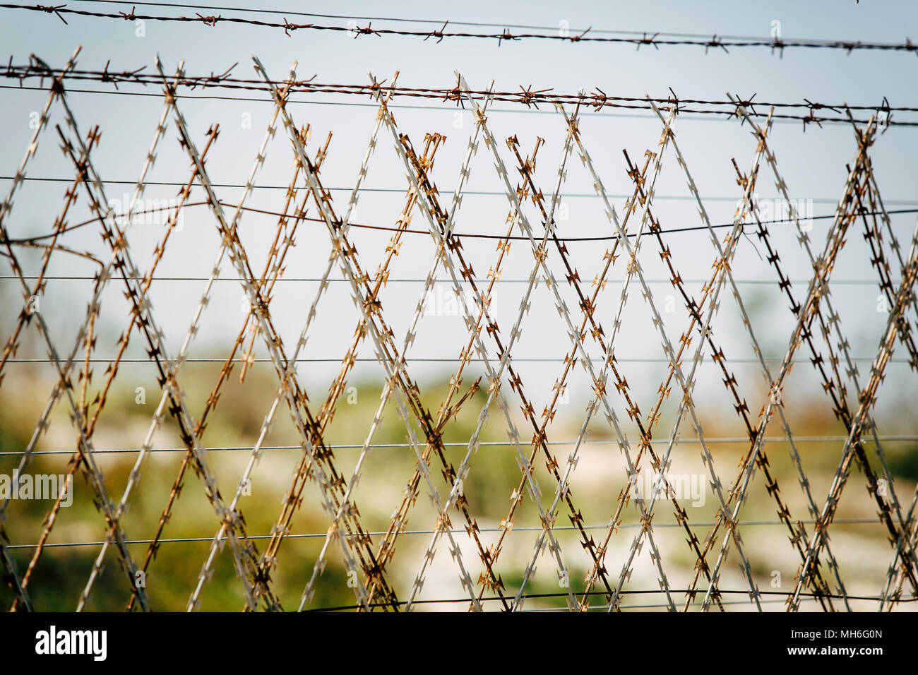 Razor wire fence in daylight view. International boarder between two ...