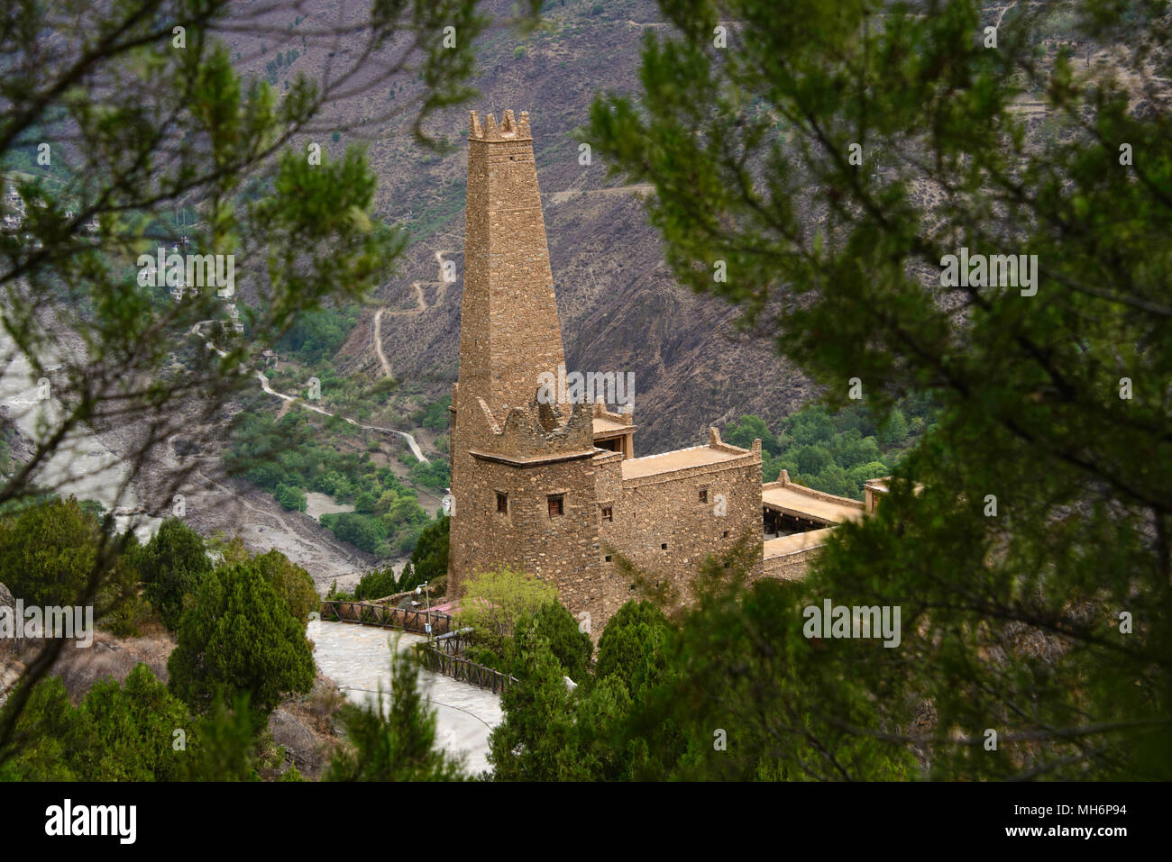 Ancient Qiang stone watchtower in the Tibetan village of Jiaju, Sichuan ...