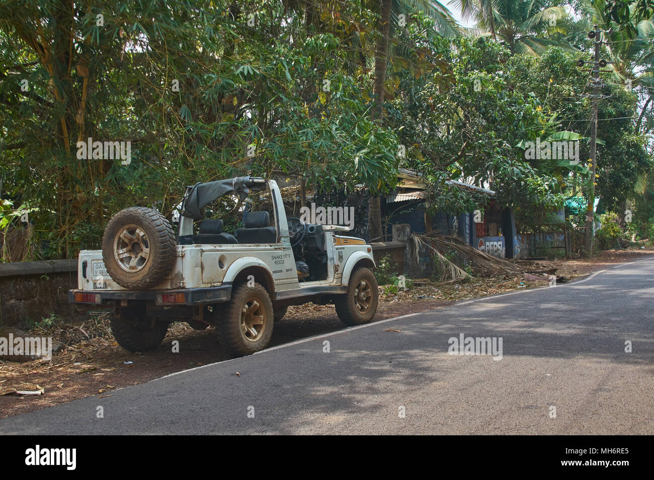 The local snake rescue jeep is parked next to the road in Agonda ...