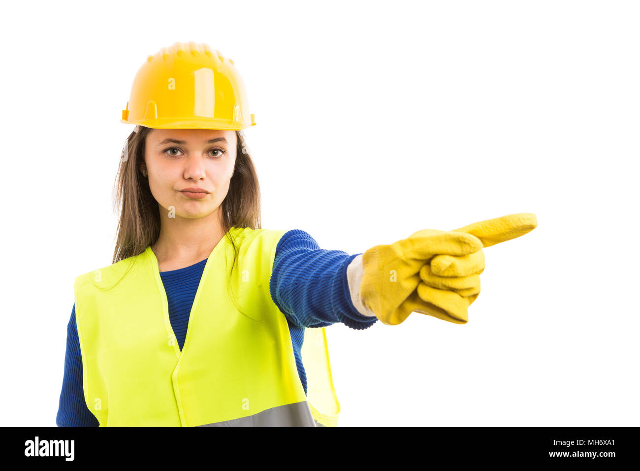 Young female architect or engineer showing denial gesture as refusal of ...