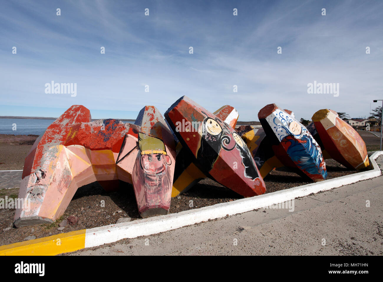 Concrete shapes used as harbour protection, painted and used as a local ...