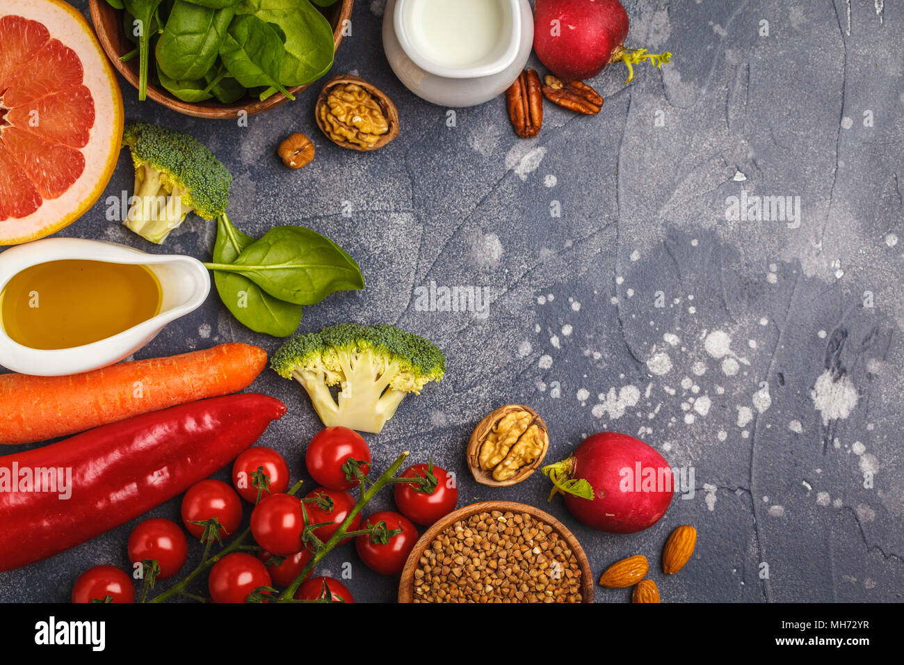 Healthy food background, trendy Alkaline diet products - fruits ...