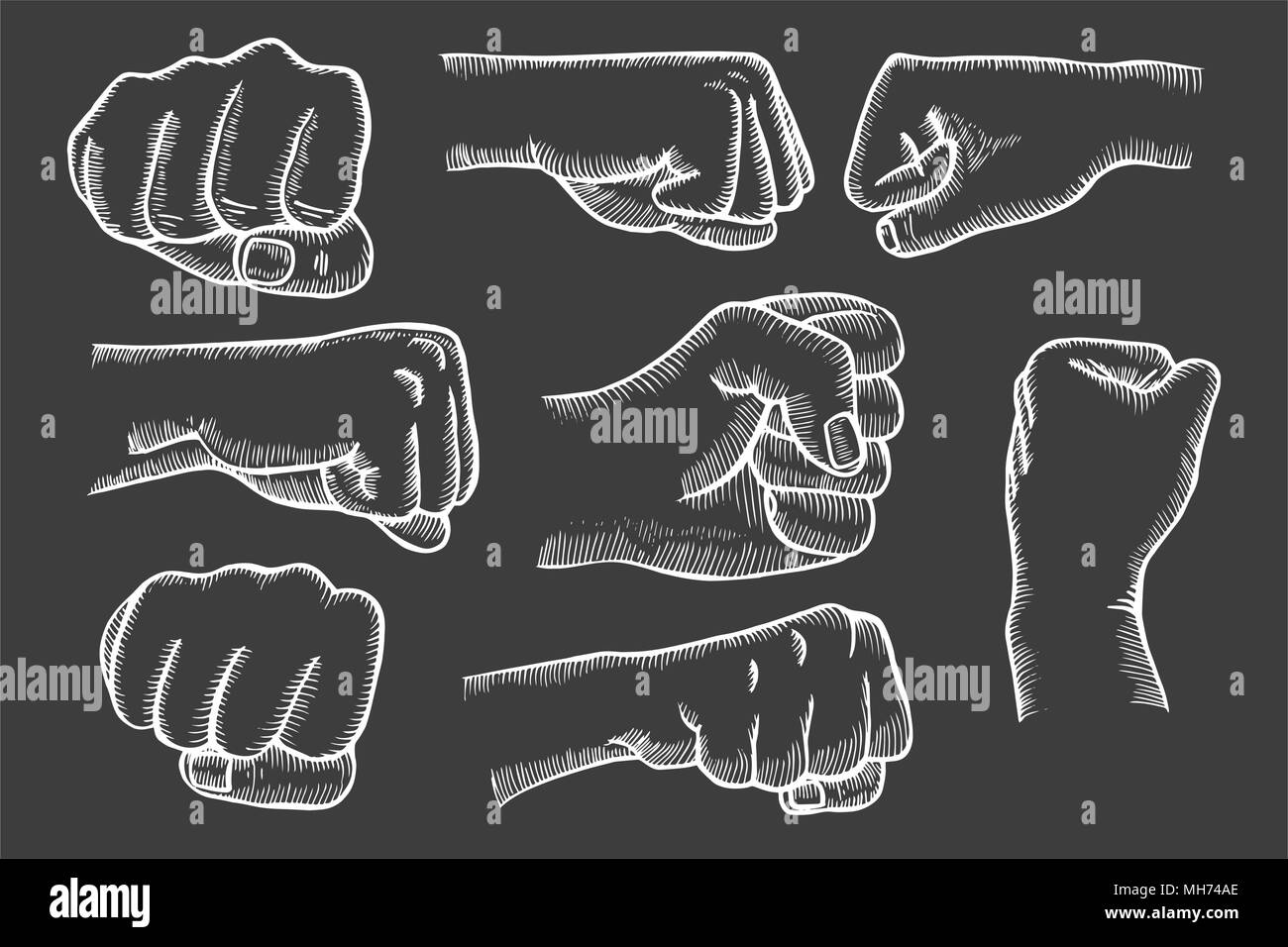 Set of fists in vintage style isolated on white background. In the ...