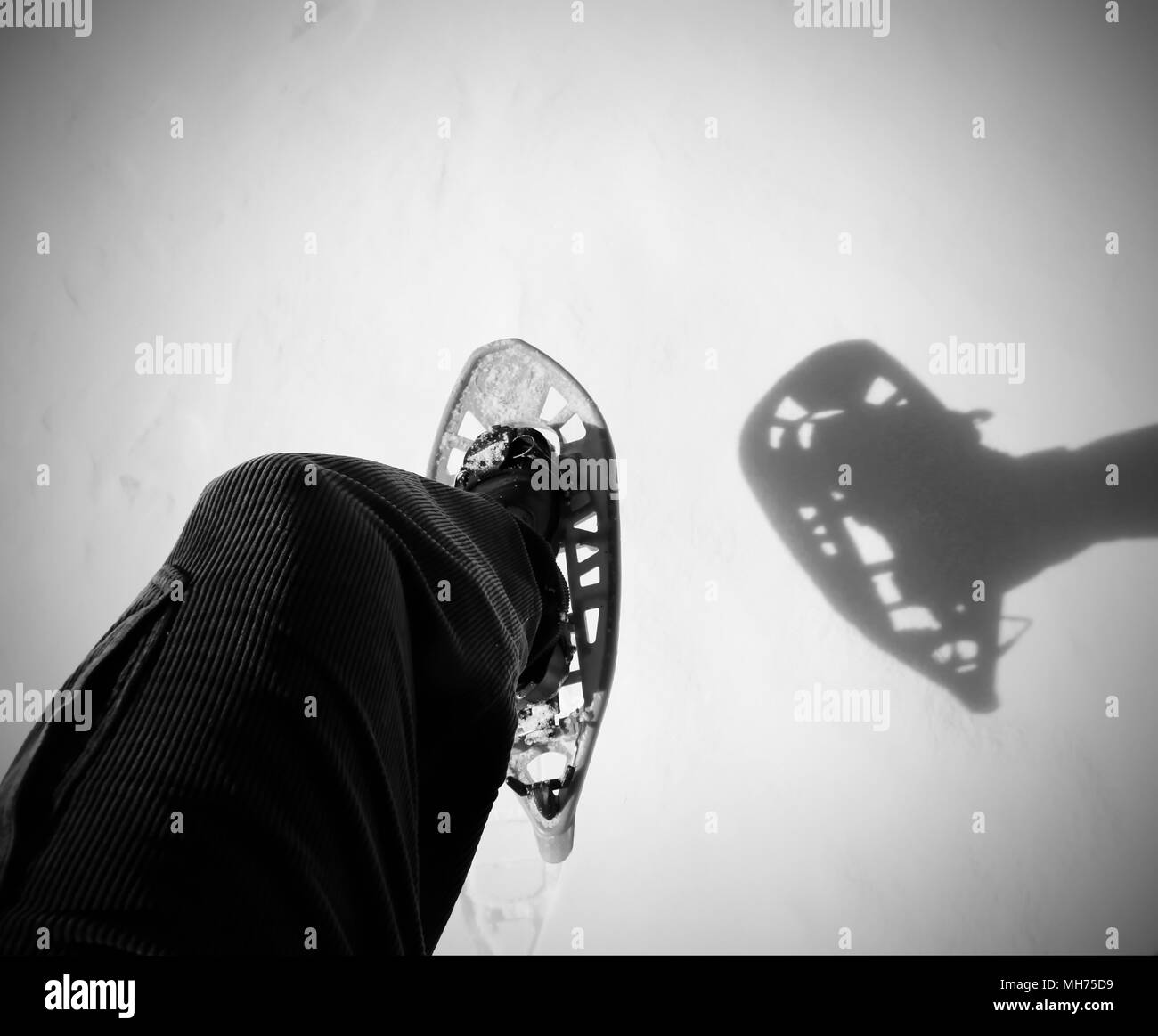 white snow and a snowshoe with shadow in mountain with black and white ...