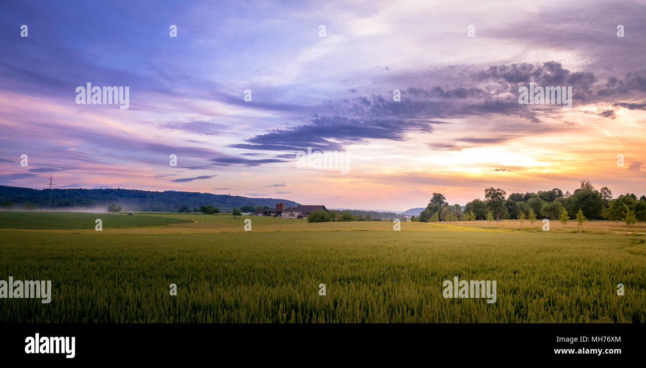 Rural Sunset Landscape of Swiss Farmland With Tractor And Farm-House In ...