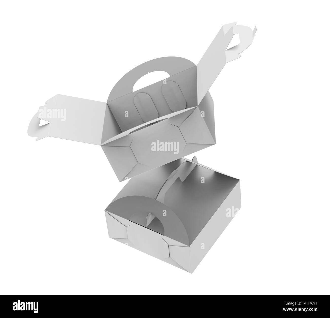 White box with handle, gift or food carton package set in 3d render for ...