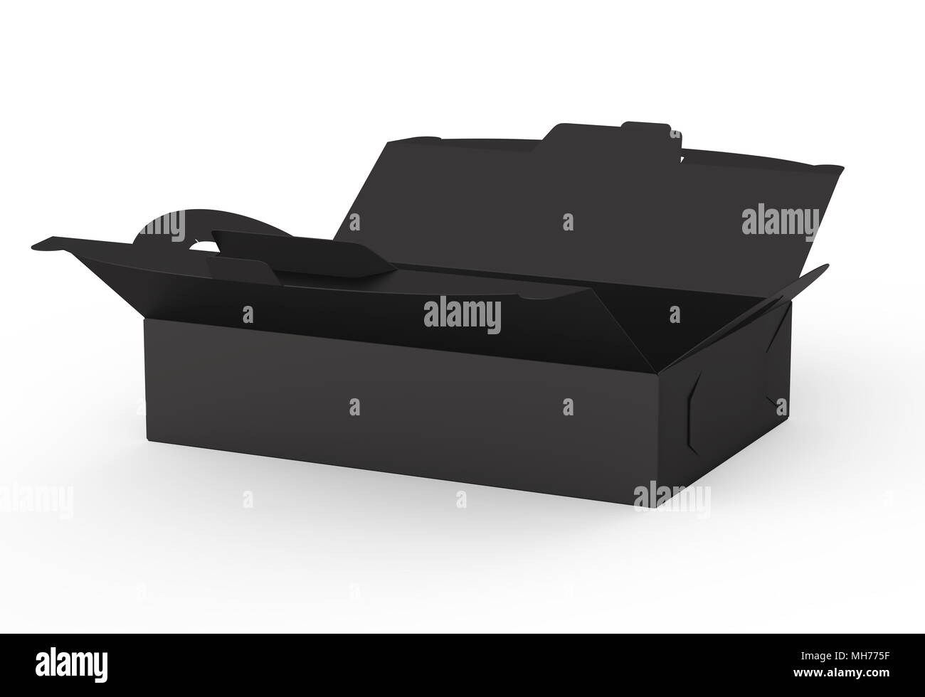 Isolated open black carton box with handle in 3d illustration on white ...