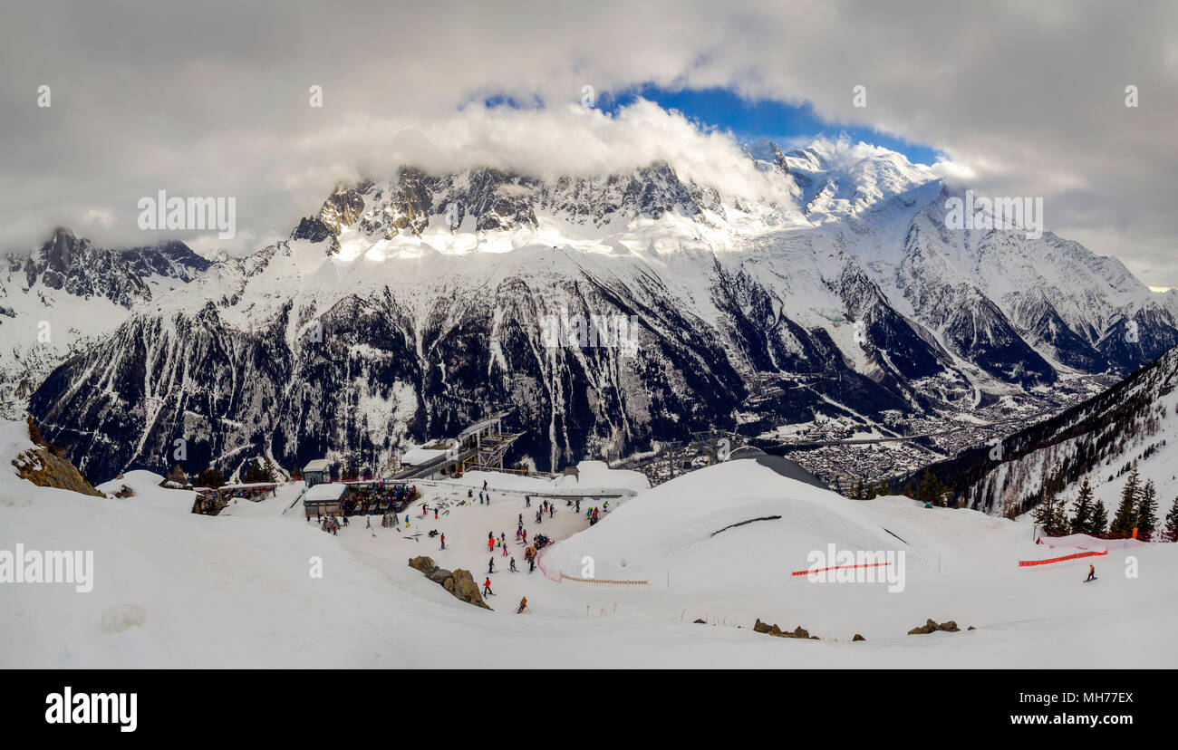 Breathtaking aerial view of Mont Blanc mountain peak in Alps covered ...