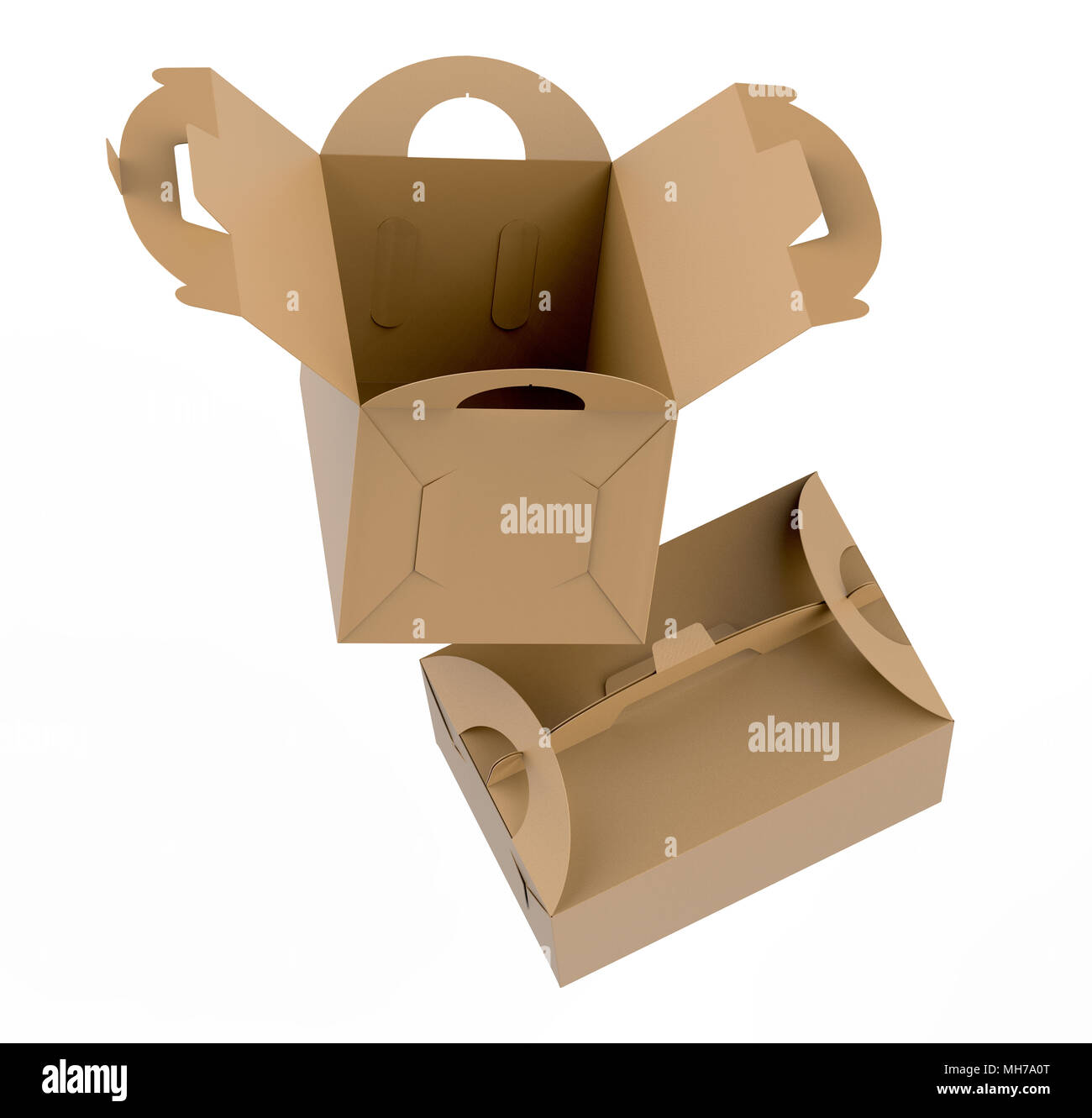 Kraft box with handle, gift or food carton package set in 3d render for ...