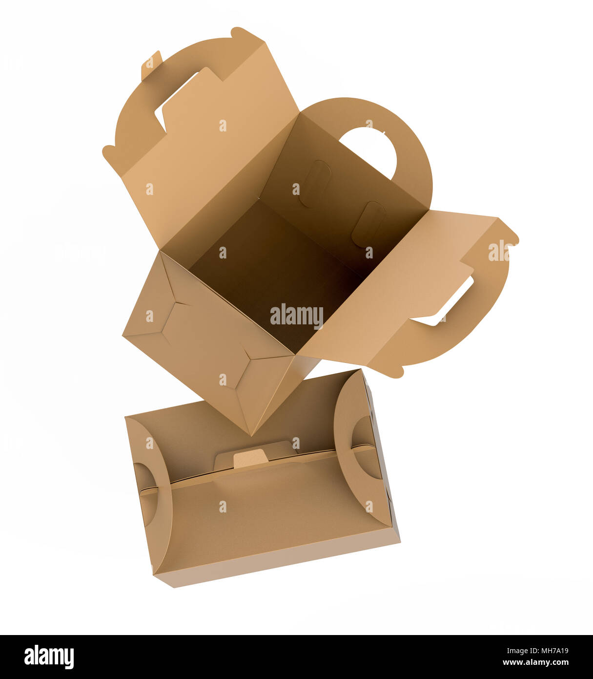 Kraft box with handle, gift or food carton package set in 3d render for ...