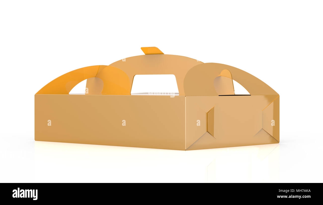 Golden box with handle, gift or food carton package in 3d render for ...