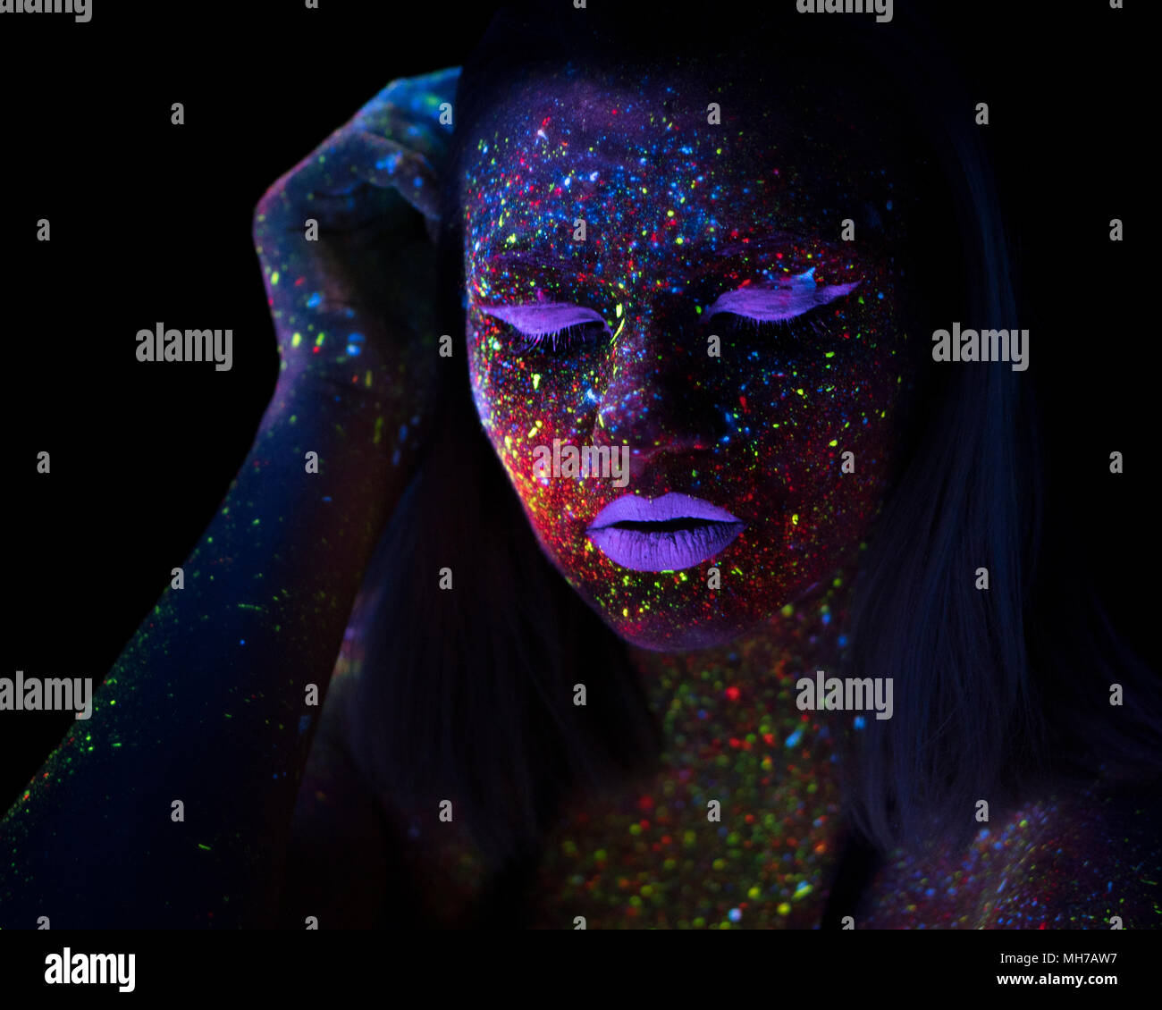 Portrait of Beautiful Fashion Woman in Neon UF Light. Model Girl with ...