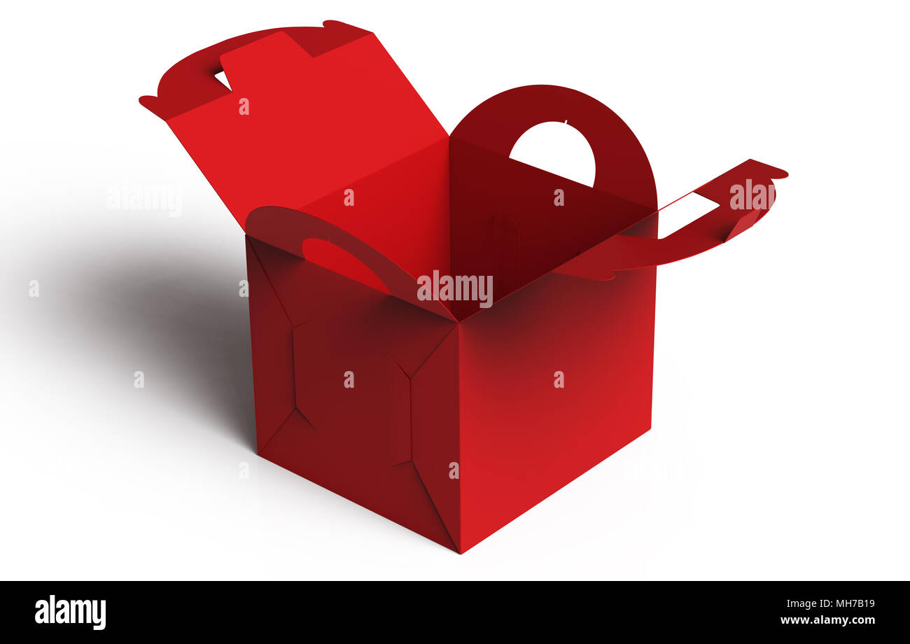 Isolated red carton box with handle in 3d illustration on white ...