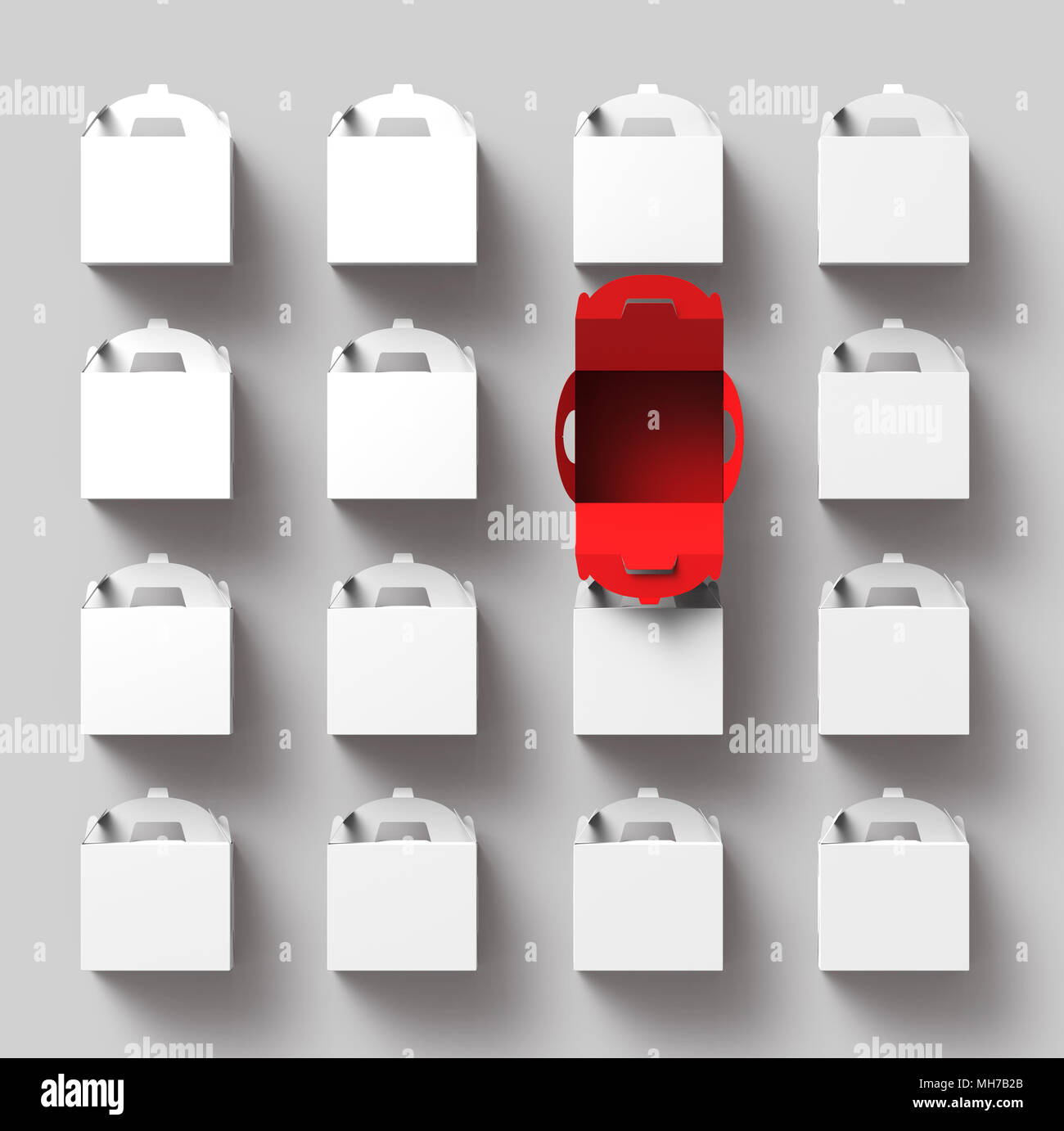 Top view of blank boxes in 3d rendering, red one stands out from all ...