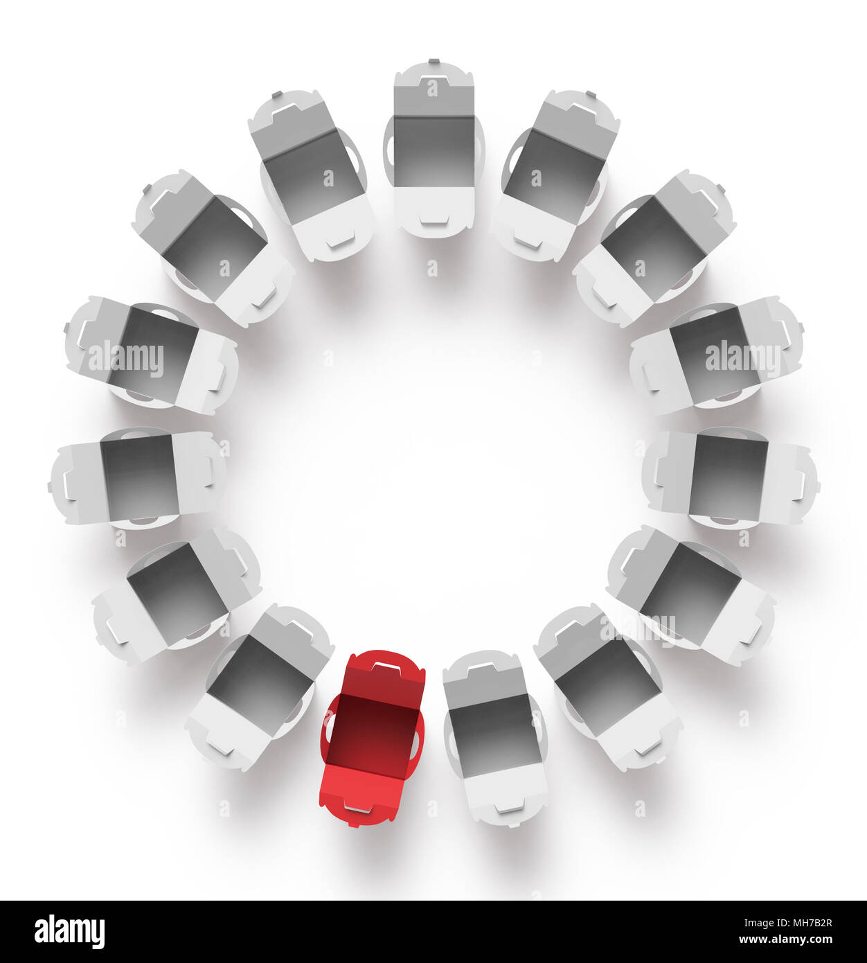 Top view of blank boxes in circle shape in 3d rendering, red one stands ...