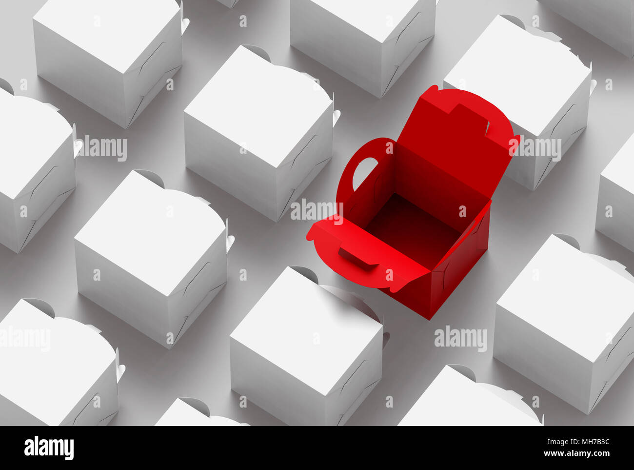Elevated view of blank boxes in 3d rendering, red one stands out from ...