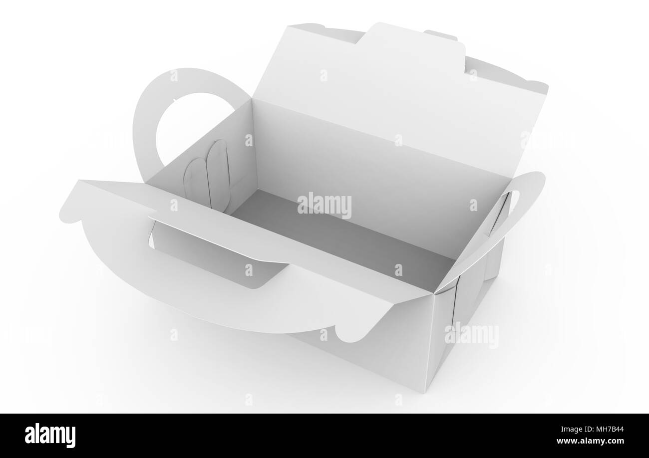 Blank open paper box with handle, gift or food carton package in 3d ...