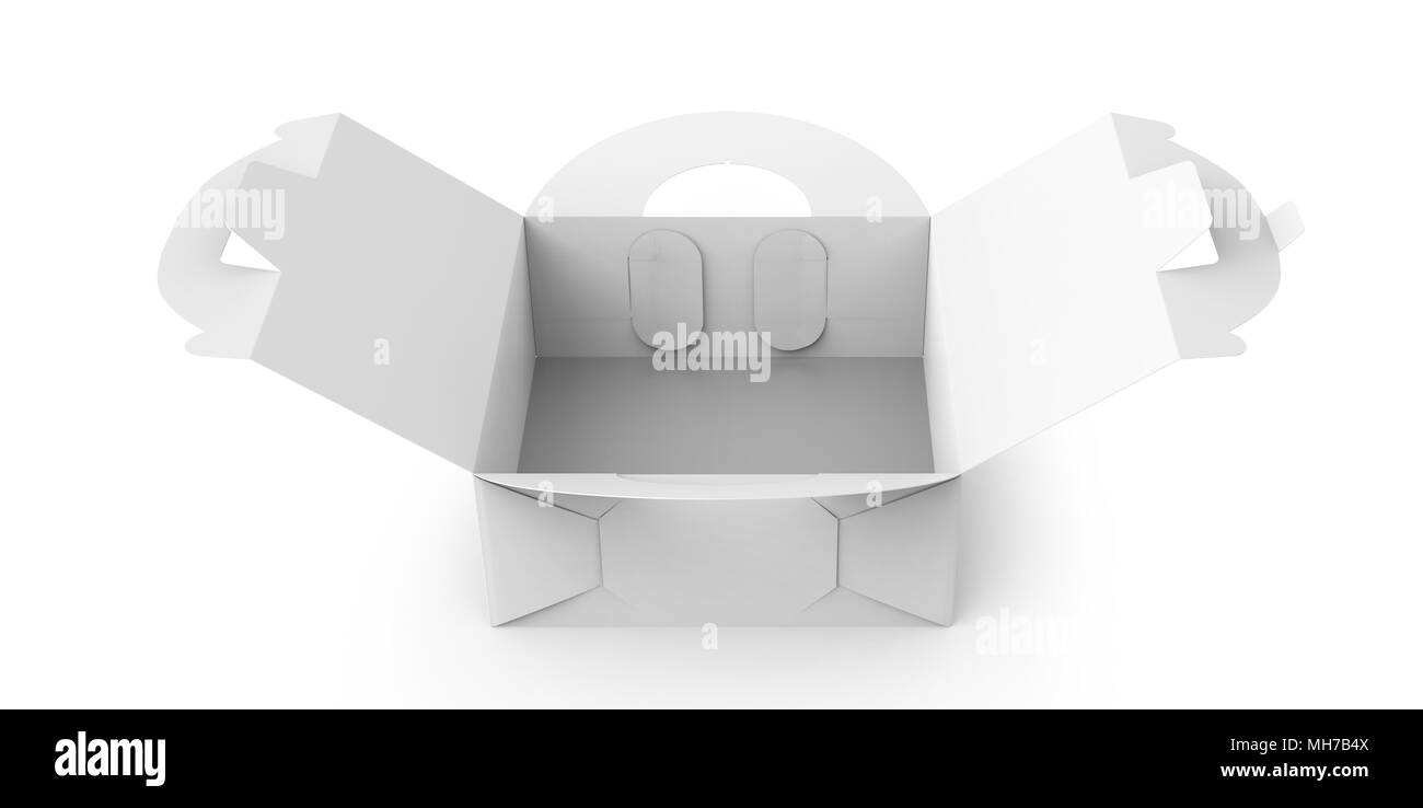Blank open paper box with handle, gift or food carton package in 3d ...